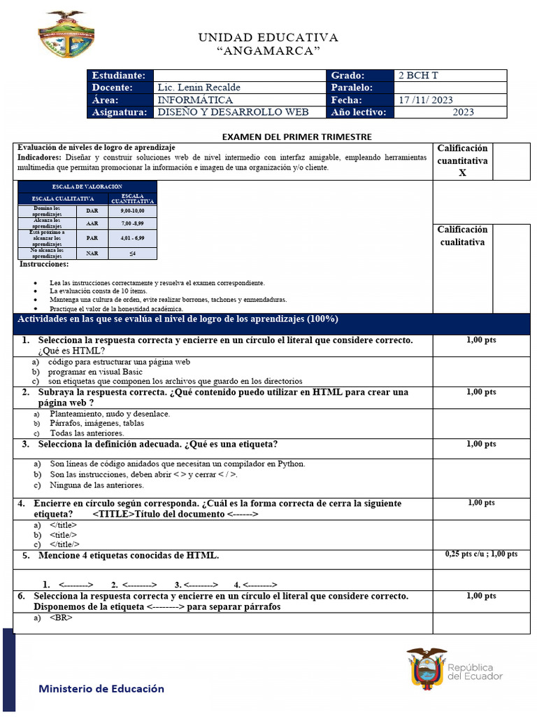 2bch Dydw 1er Trimestre Examen | PDF | Software | Ingeniería de software