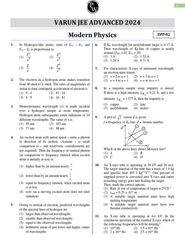 6641abdda9b8c50018c91cf3 - ## - Modern Physics - DPP 02 (Extra) - Varun JEE Advanced 2024 ...