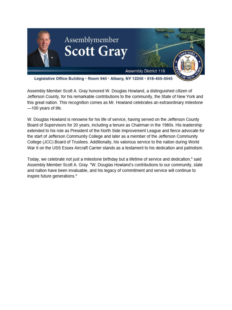 Assemblyman Gray Honors W. Douglas Howland Turning 100 | PDF
