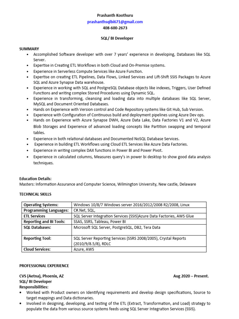 SQL/BI Developer Resume with Azure & Power BI Expertise | PDF ...