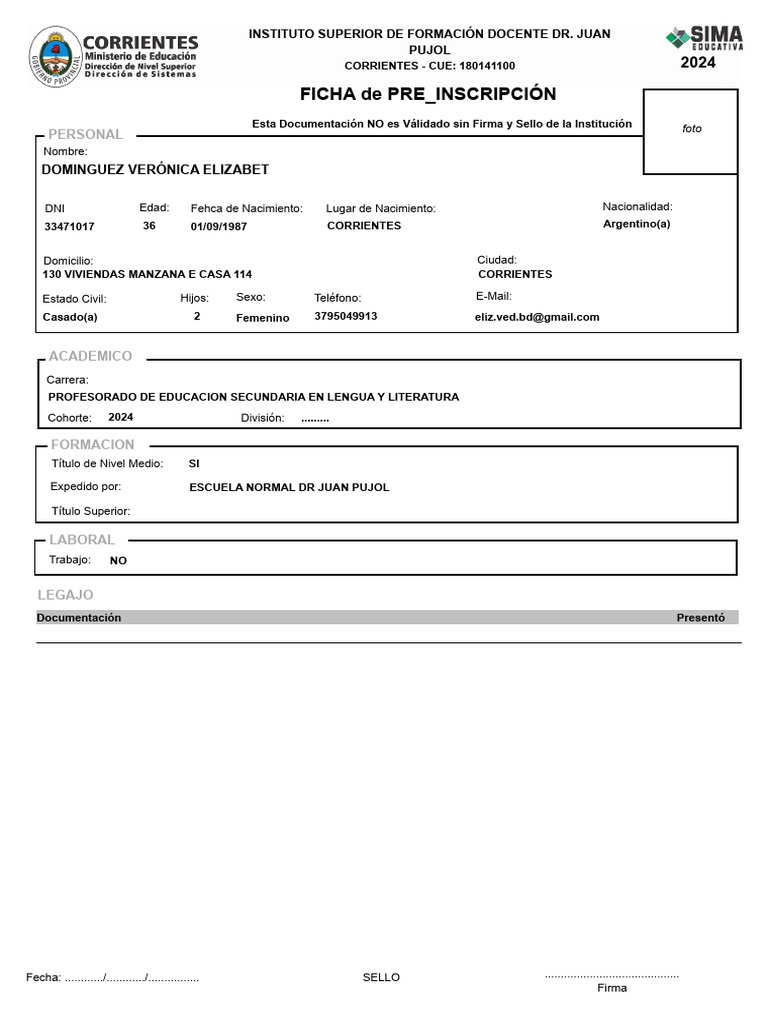 Ficha Pre Datos Alumno | PDF