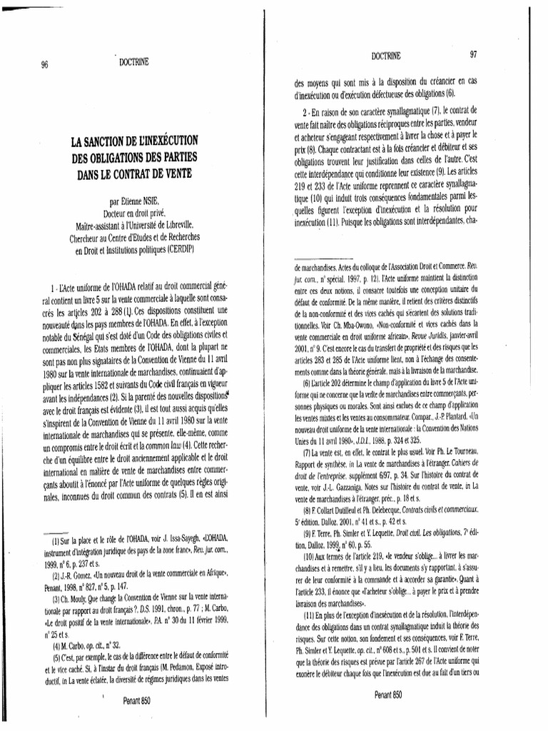 Etienne Nsie Sanction-Inexecution-Obligations-Parties-Contrat-Vente | PDF