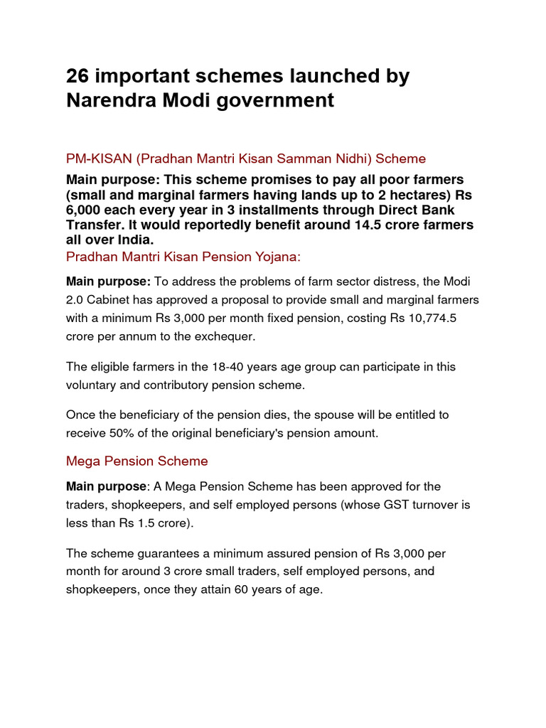 26 Important Schemes Launched by Narendra Modi Government | PDF ...