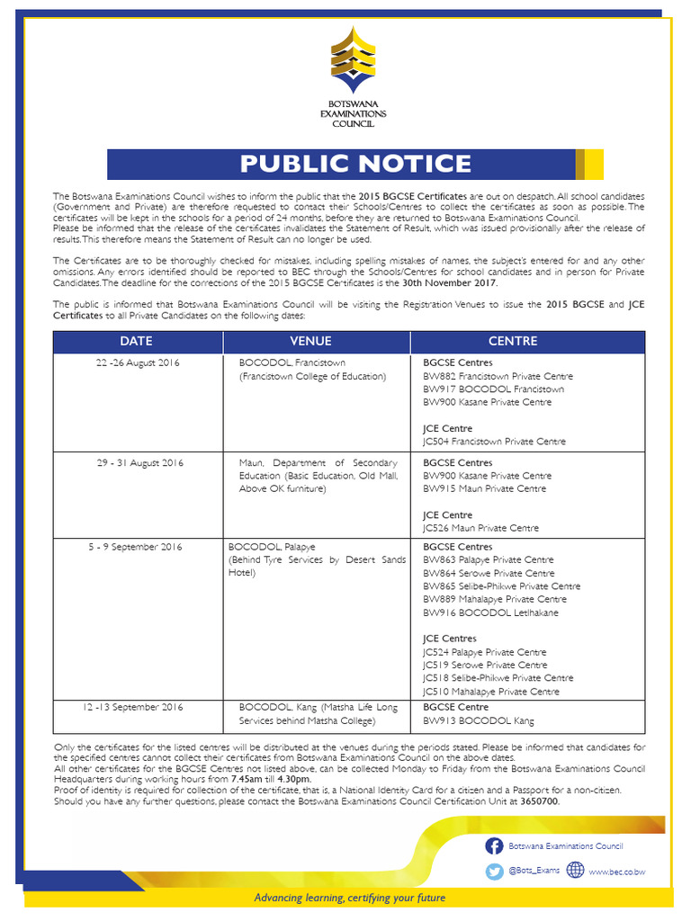 Certificate Notice BGCSE - JCE | PDF | Government | International Law