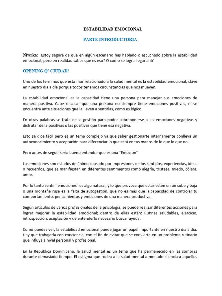 Estabilidad Emocional - Guion Final | PDF | Las emociones | Sicología