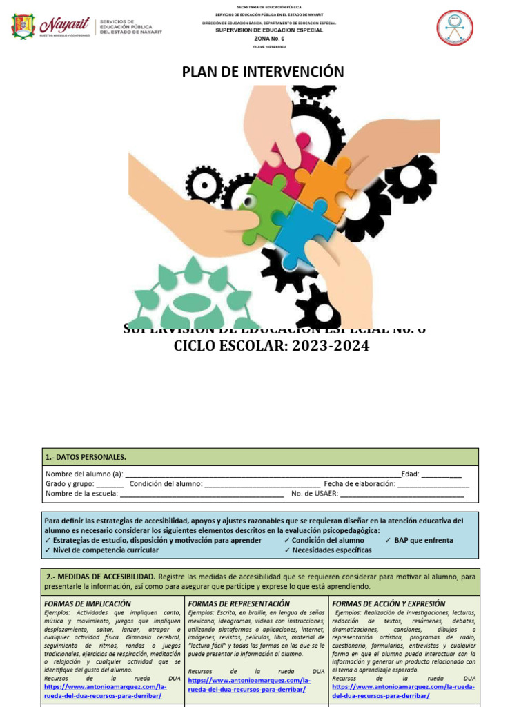 Plan de Intervención Indiividual Usaer 2023-2024 Zona 6 E.E. | PDF ...