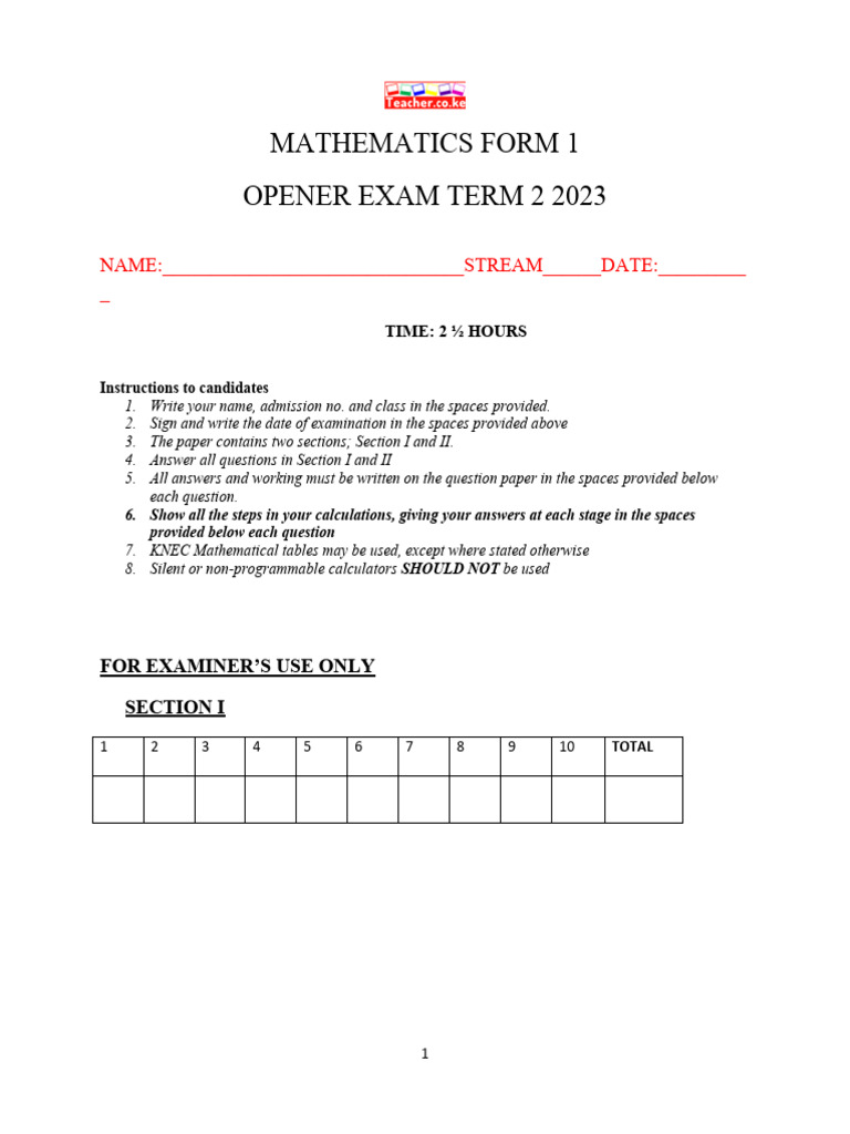 MATH F1 QS Term 2 Opener 2023 Teacher Co Ke | PDF | Area | Numbers