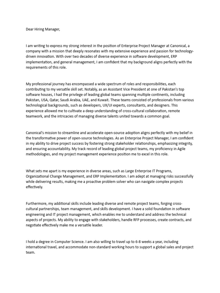 Cover Letter Canonical Enterprise PM | PDF | Enterprise Resource ...
