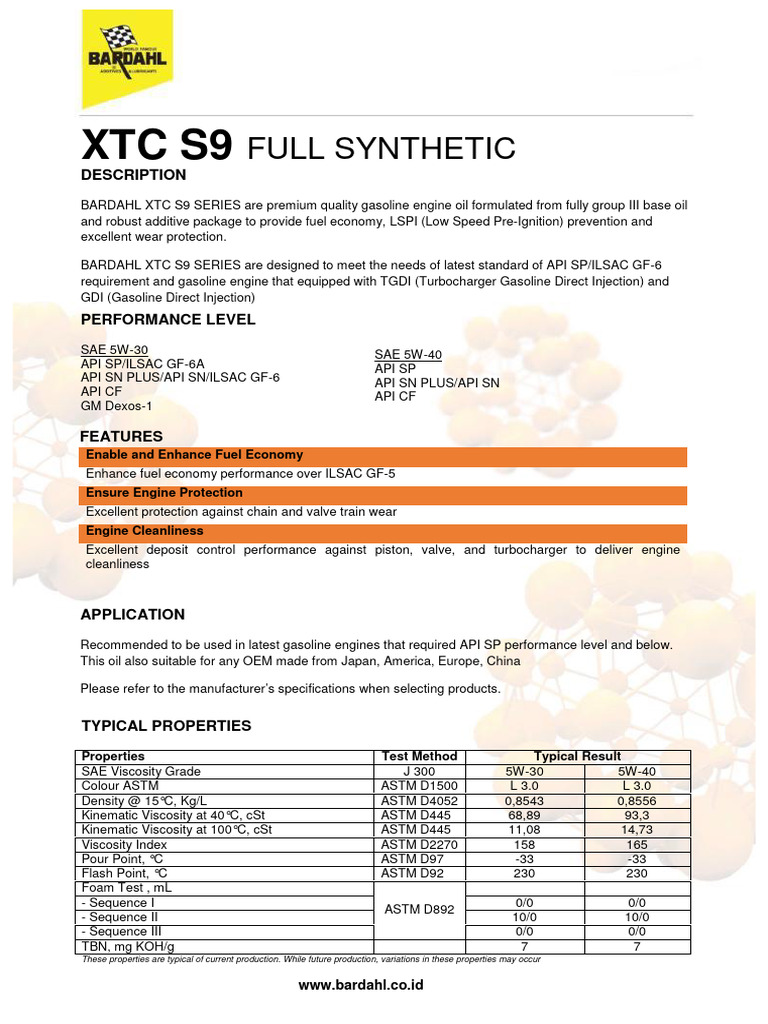 PDS Bardahl XTC S9 Full Synthetic | PDF | Motor Oil | Rotating Machines