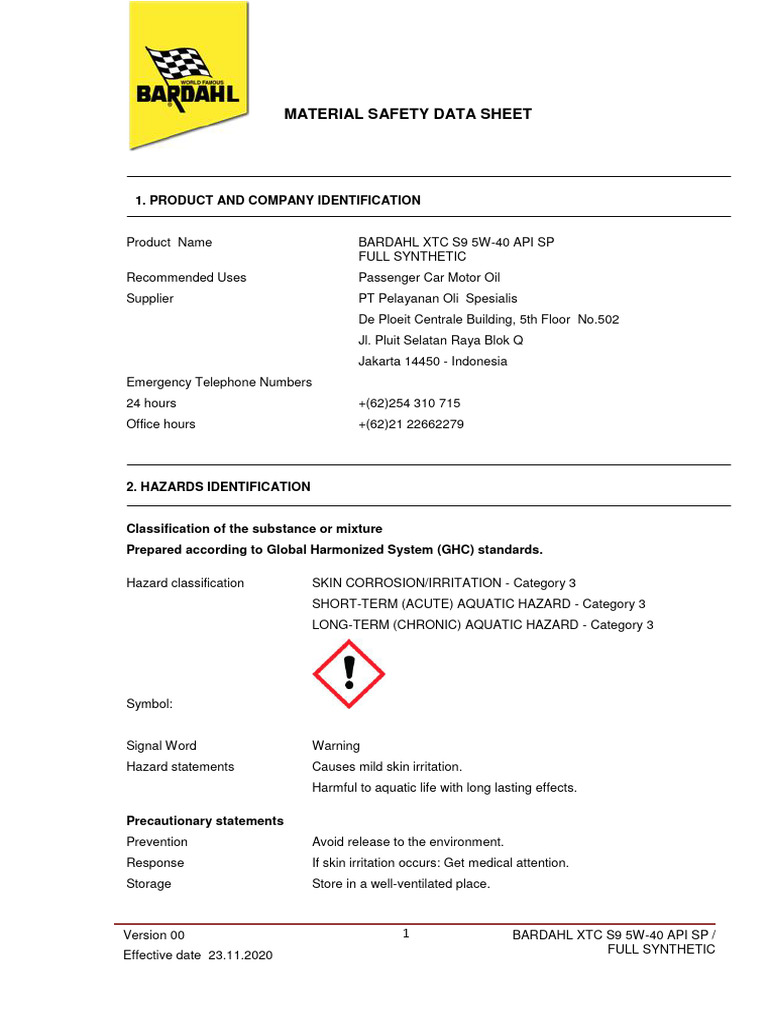 MSDS - Bardahl XTC S9 5W-40 Api SP Full Synthetic | PDF | Waste | Toxicity