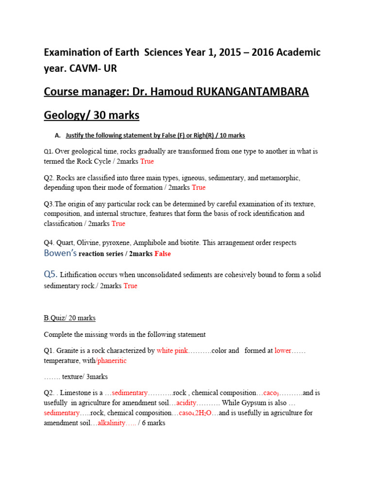 Examination of Earth Sciences Year 1 | PDF | Minerals | Rock (Geology)