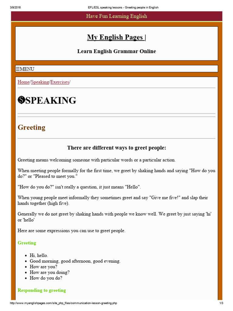 EFL - ESL Speaking Lessons - Greeting People in English | PDF | English ...