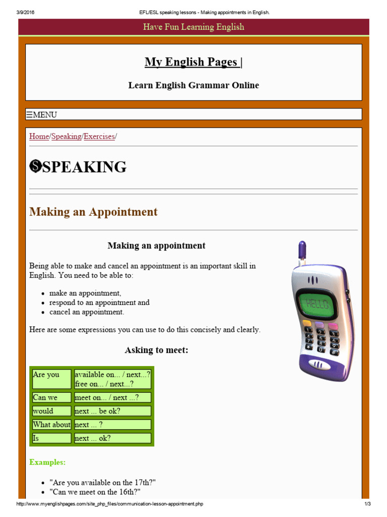 EFL - ESL Speaking Lessons - Making Appointments in English | PDF | English As A Second Or ...