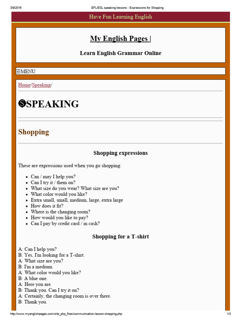 EFL - ESL Speaking Lessons - Expressions For Shopping | PDF | English ...