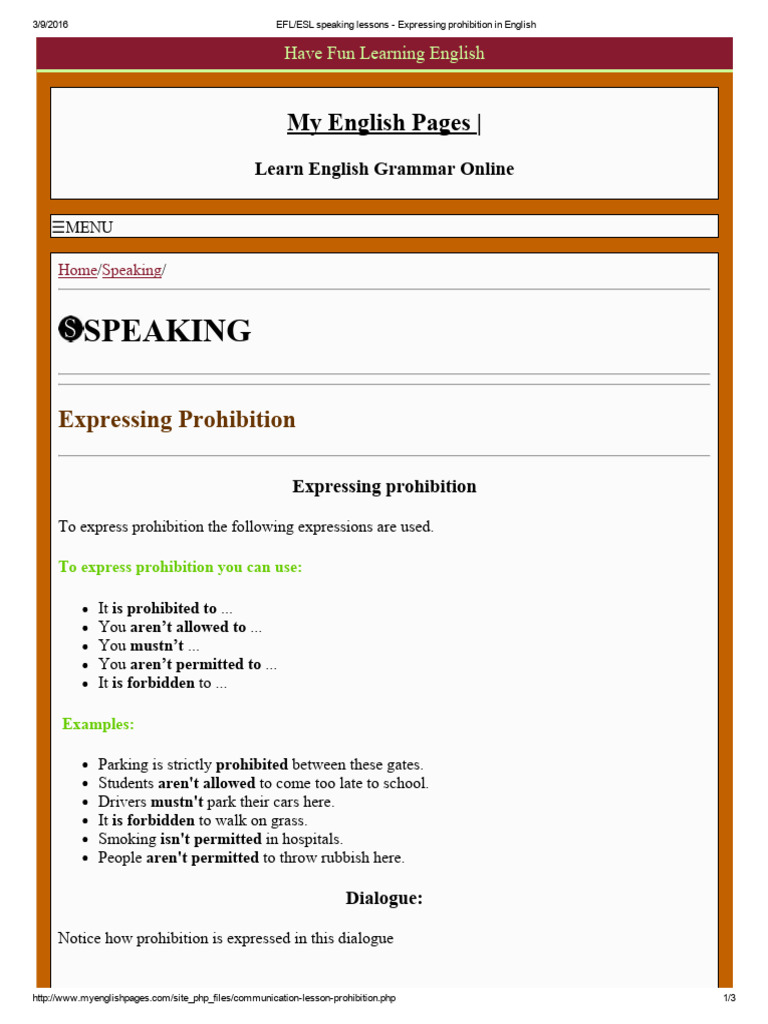 EFL - ESL Speaking Lessons - Expressing Prohibition in English | PDF ...