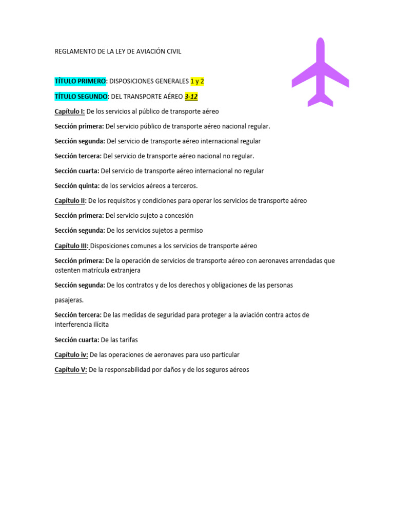 INDICE REGLAMENTO DE LA LEY DE AVIACIÓN CIVIL | Descargar gratis PDF | Aviación | Transporte