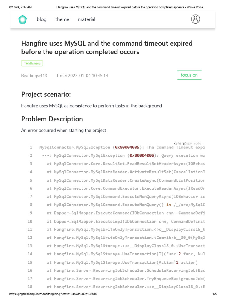 Hangfire Uses MySQL and The Command Timeout Expired Before The Operation Completed Appears ...