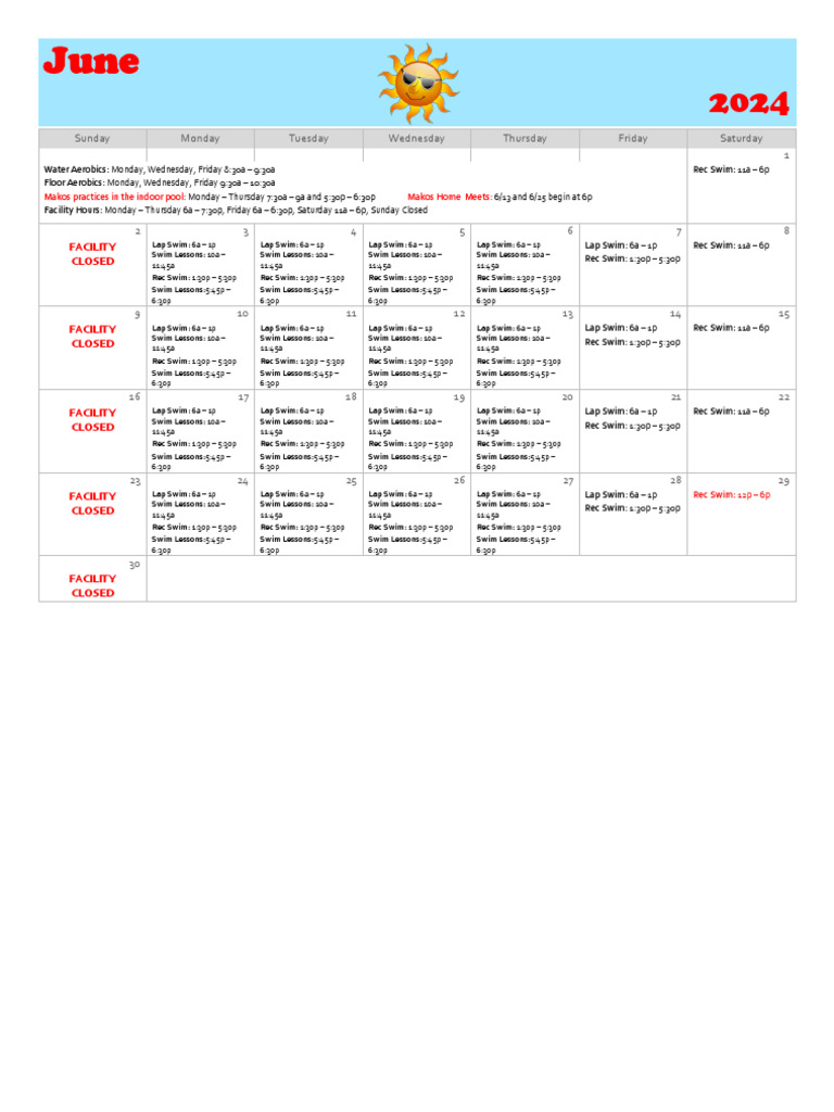 June 2024 Swim Schedule and Activities | PDF