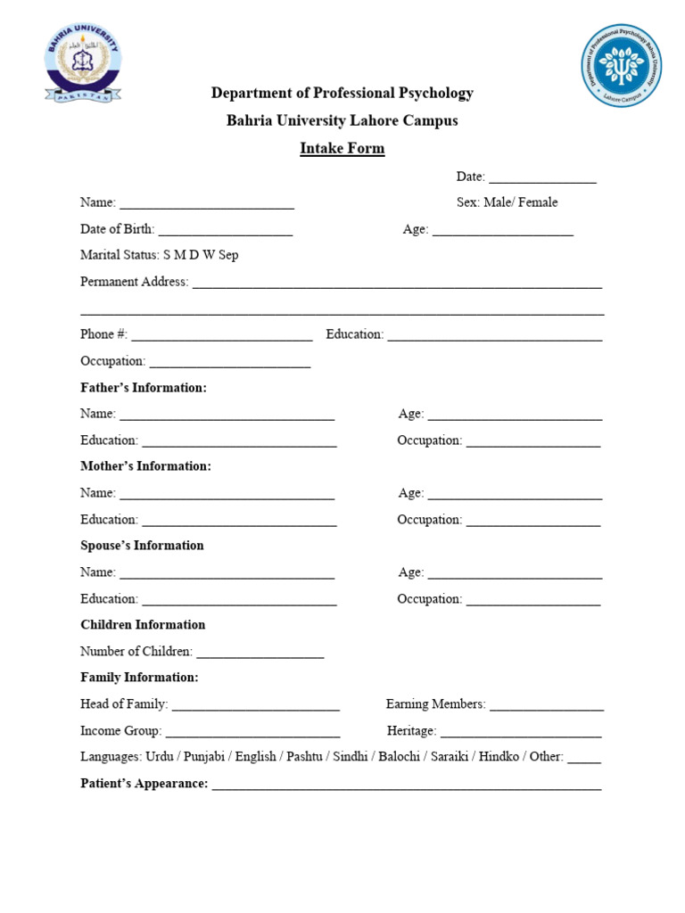 MS Clinical Psychology Intake Form PDF | PDF | Anxiety | Clinical Medicine