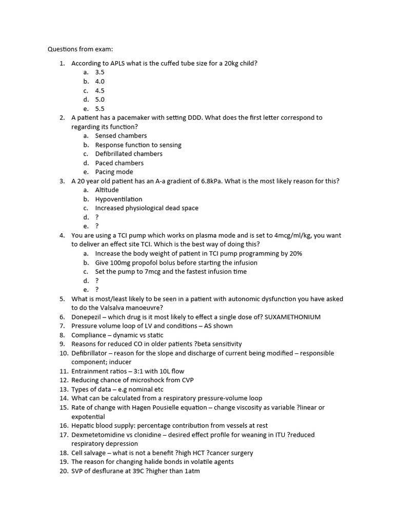 FRCA Primary Feb 2023 Remembered Question Themes | PDF | Clinical ...