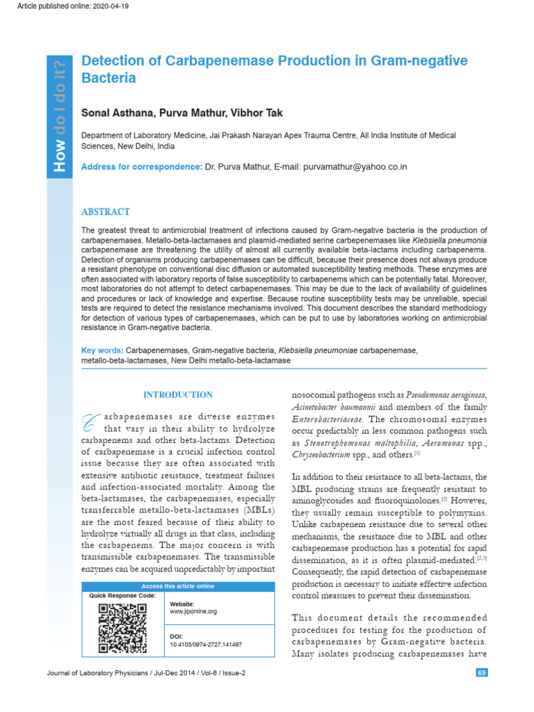 Sonal Asthana - Detection of Carbapenemase Production in Gram Negative | PDF | Beta Lactamase ...