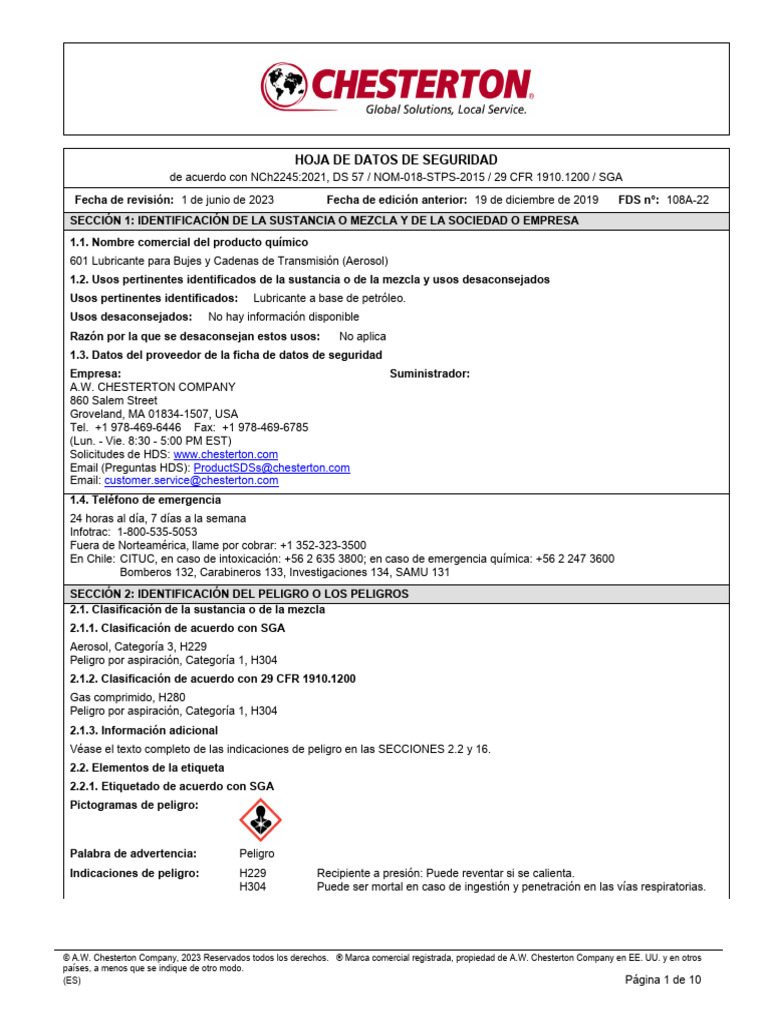 Chain Drive Pin & Bushing Lubricant (Chesterton) | PDF | Agua | Química