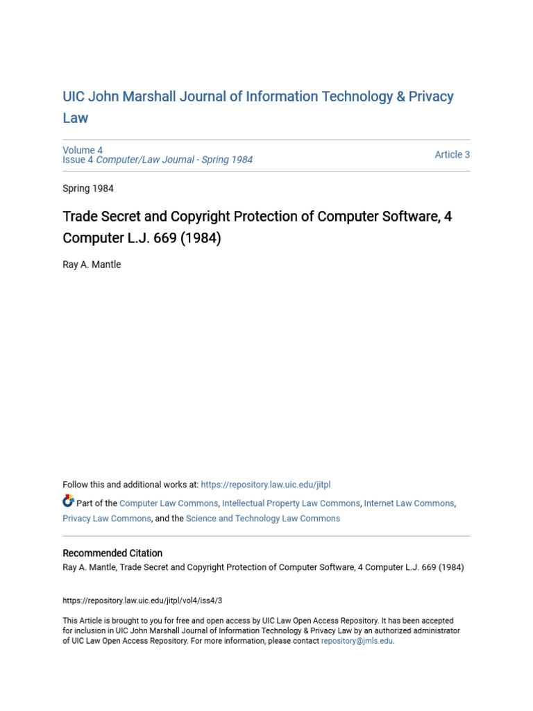 Trade Secret and Copyright Protection of Computer Software 4 Com | PDF ...