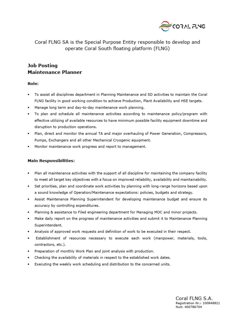 Job Posting - Maintenance Planner | Download Free PDF | Business