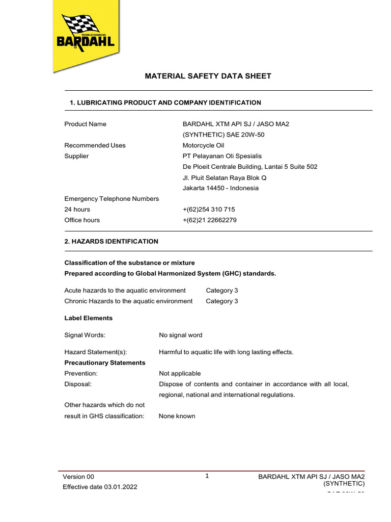 MSDS - XTM Api SJ Jaso Ma2 (Synthetic) Sae 20W-50 | Download Free PDF ...