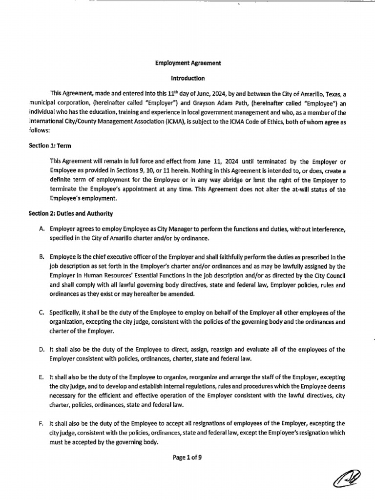 Contract For Amarillo City Manager Grayson Path | PDF