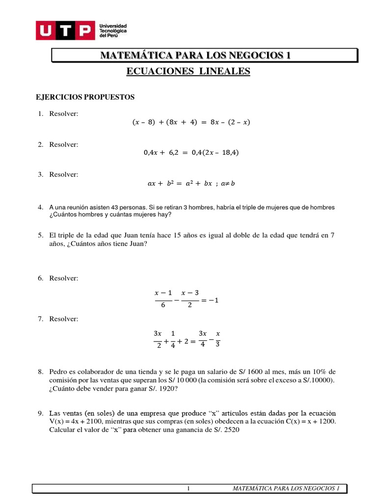 S05_s1 - Ejercicios- Ecuaciones Lineales | PDF