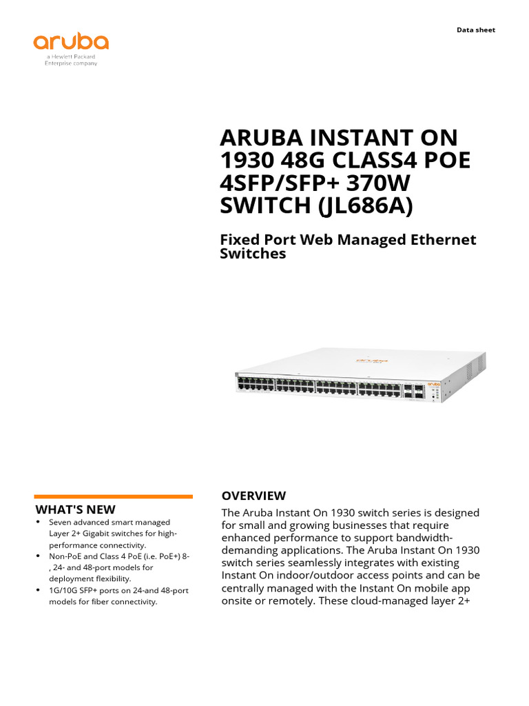 Aruba Instant On 1930 48G Class4 PoE 4SFPSFP 370W Switch Jl686a | PDF | Network Switch ...