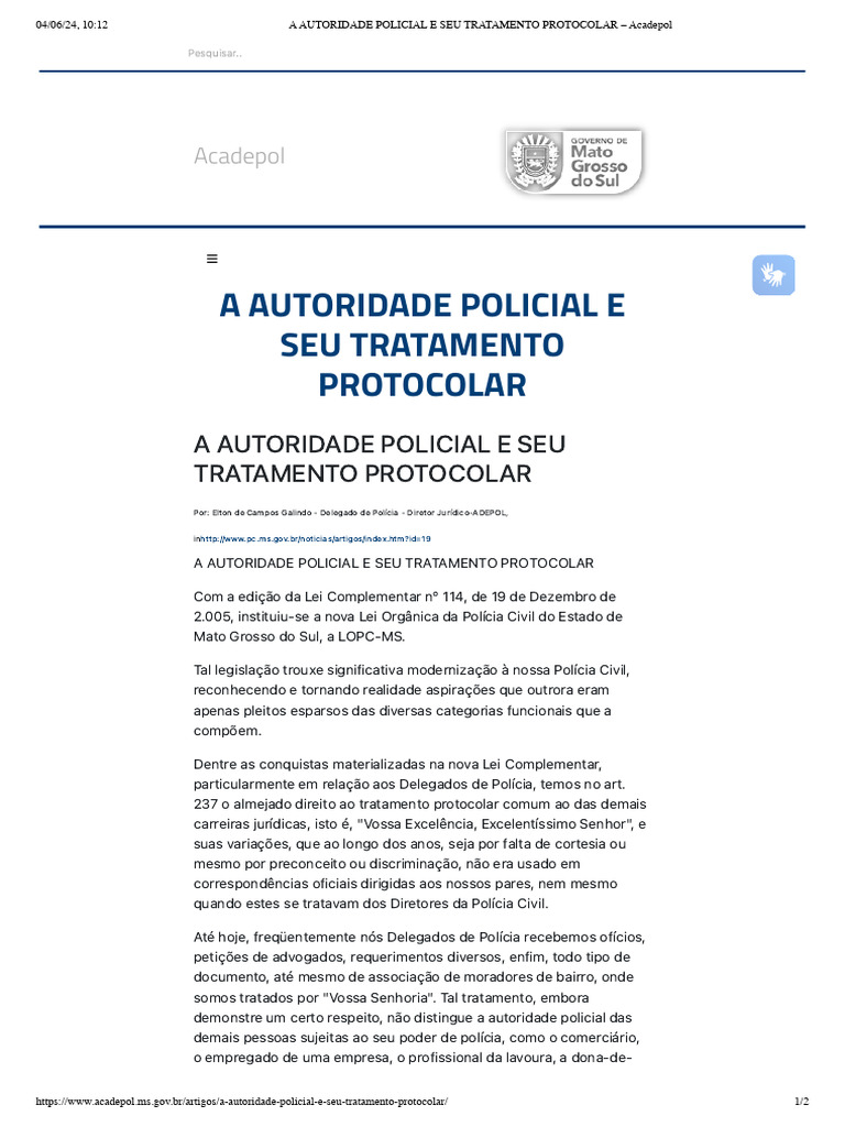 A AUTORIDADE POLICIAL E SEU TRATAMENTO PROTOCOLAR - Acadepol | PDF | Polícia | Estado