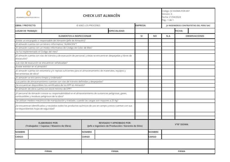 CDS SST ES 21 FM 01 Check List Almacén Ver. 01 | PDF CDS SST ES 21 FM 01 Check List Almacén Ver. 01 | PDF