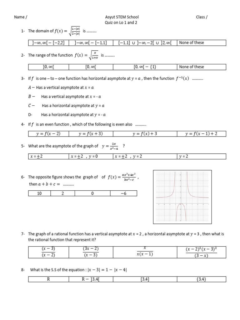 Quiz G11 Lo1&2 MR Bahgat | PDF | Asymptote | Mathematical Objects
