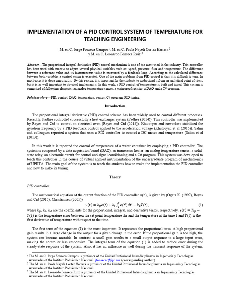 Implementation of A Pid Control System of Temperature For Teaching Engineering | PDF | Control ...