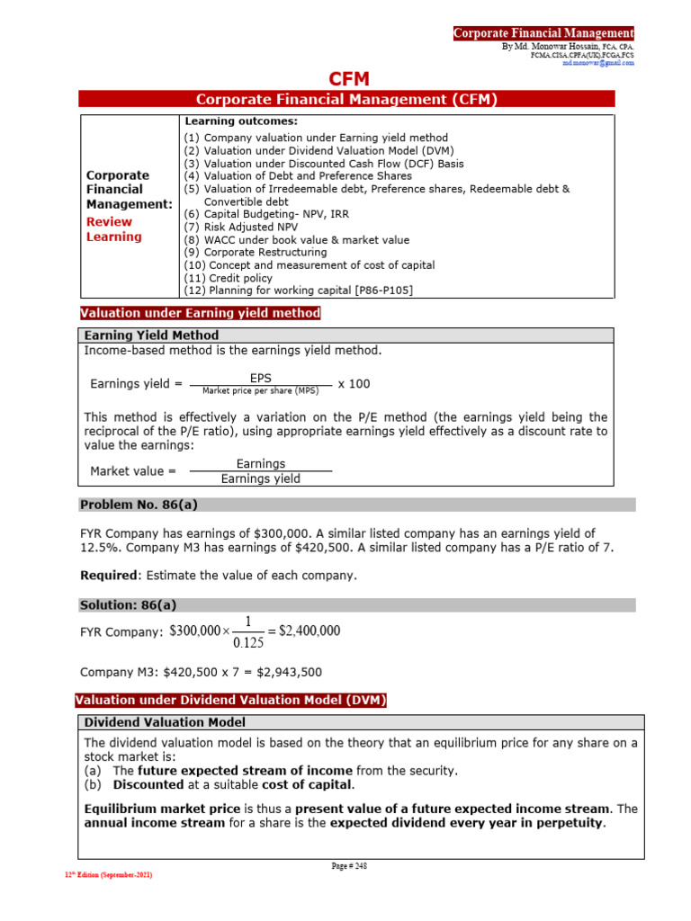 Corporate Financial Management (CFM) - Review Learning | PDF | Dividend ...