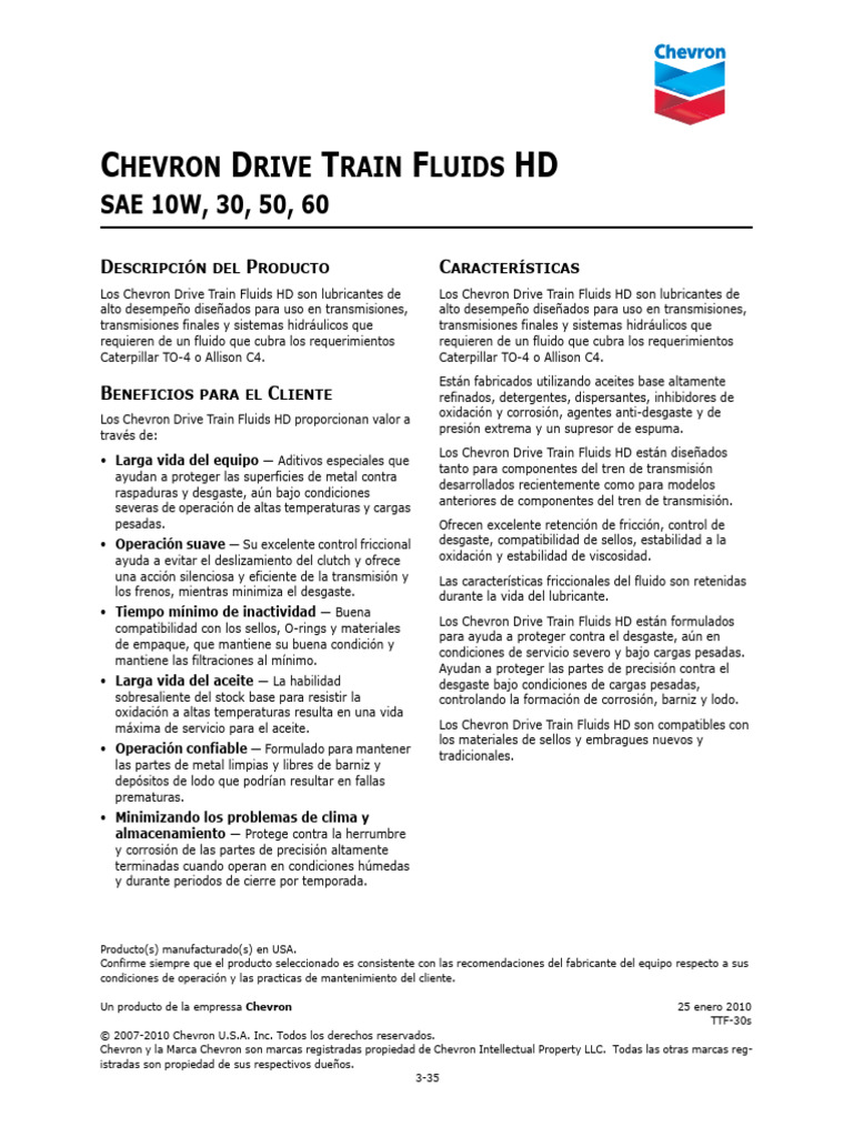 Chevron Drive Train Fluids HD Sae 10w-30!50!60 | PDF | Lubricante | Ingeniería mecánica