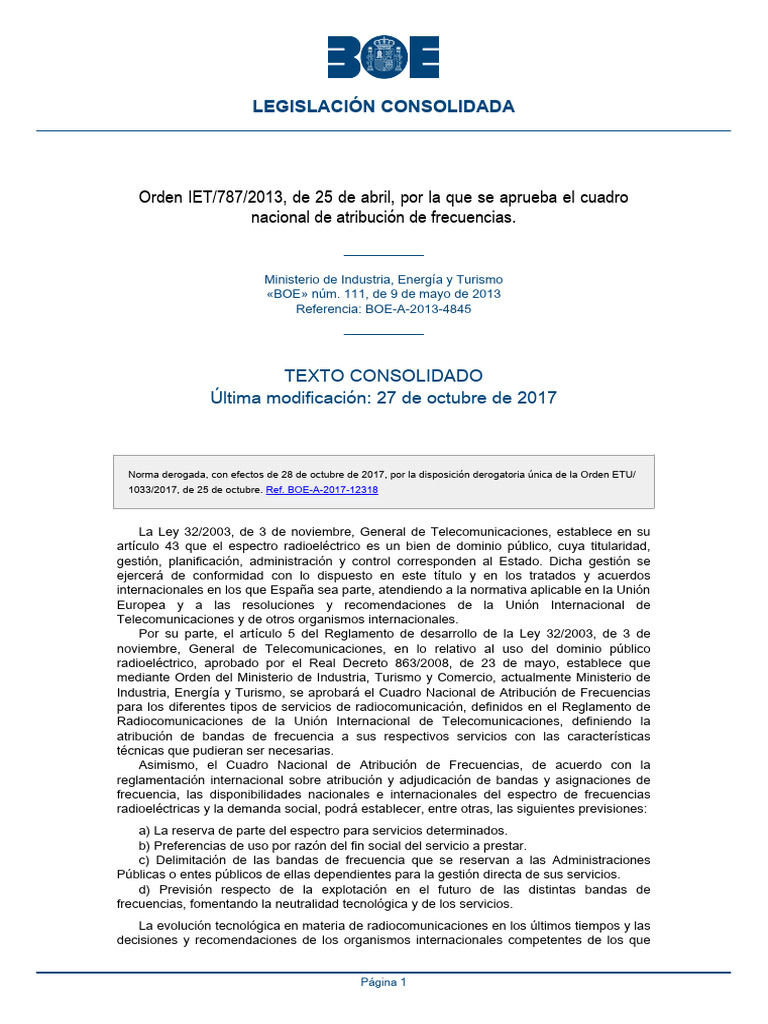 Aprobación del Cuadro Nacional de Frecuencias | PDF | Radio | Telecomunicaciones