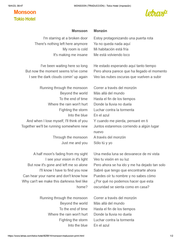 Monsoon (Traducción) - Tokio Hotel (Impresión) | PDF | Música grabada | Grabación de sonido