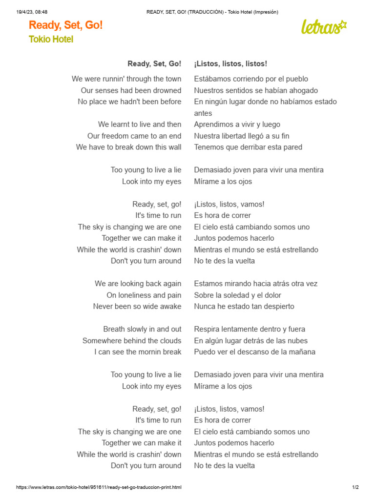 READY, SET, GO! (TRADUCCIÓN) - Tokio Hotel (Impresión) | Descargar gratis PDF | Música grabada ...