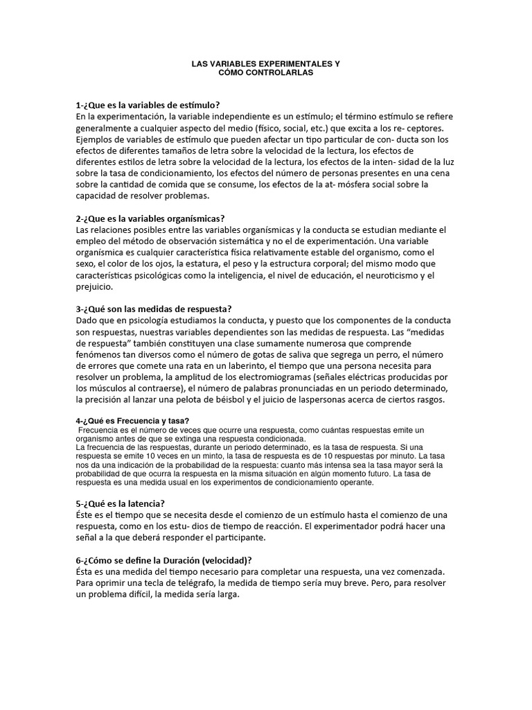 1-¿Que Es La Variables de Estímulo?: Las Variables Experimentales Y ...