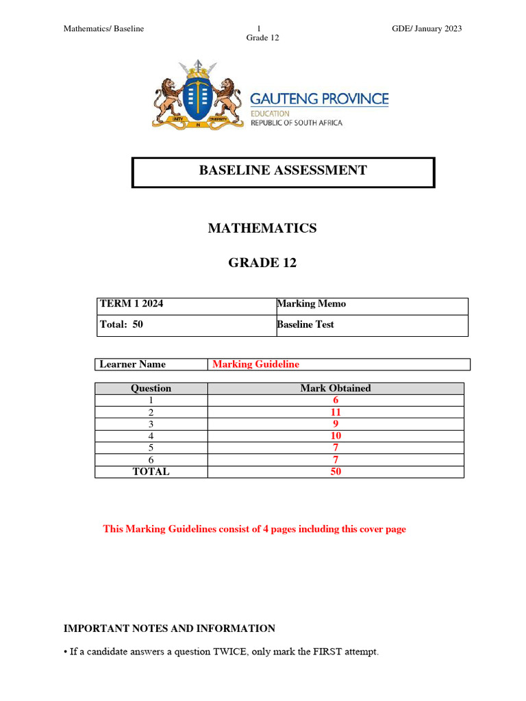 MEMO 2024 Baseline Test GRADE 12 MATHEMATICS | Download Free PDF ...