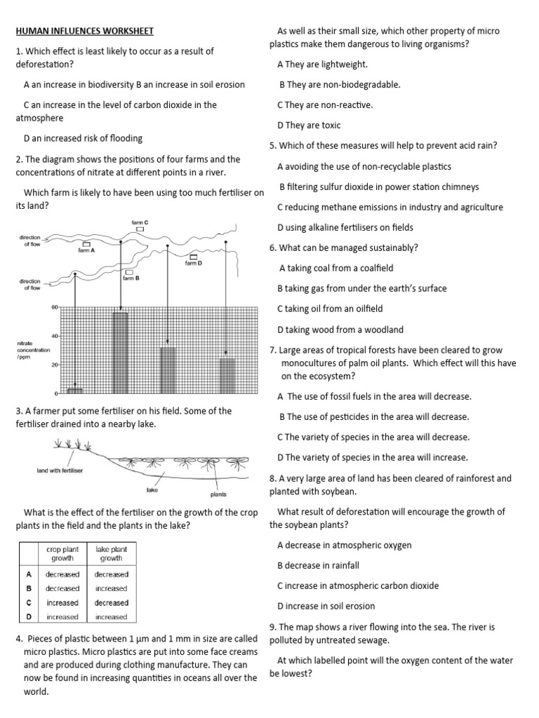 Human Impact on Ecosystems Worksheet | PDF | Fertilizer | Deforestation