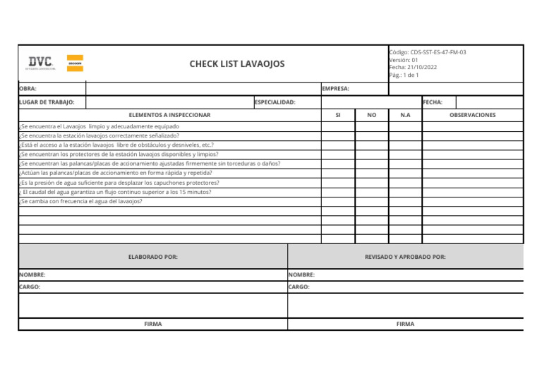 CDS-SST-ES-47-FM-03 Check List de Lavaojos Ver. 01 | PDF CDS-SST-ES-47-FM-03 Check List de Lavaojos Ver. 01 | PDF