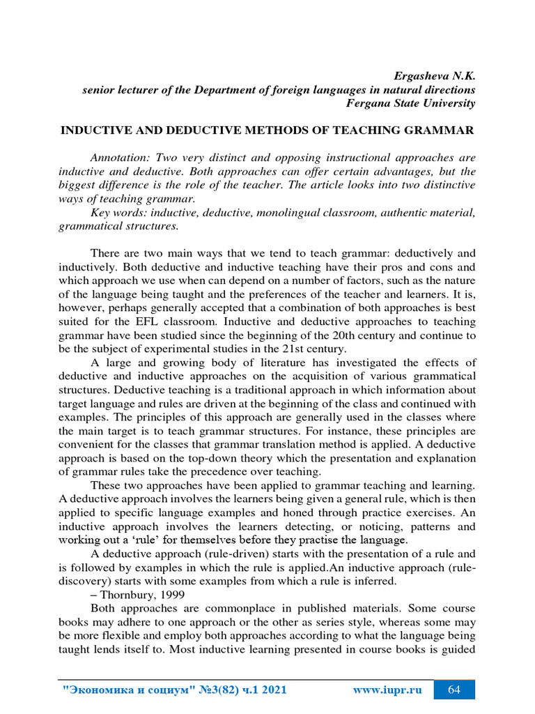 Inductive And Deductive Methods Of Teaching Grammar Pdf Learning Deductive Reasoning