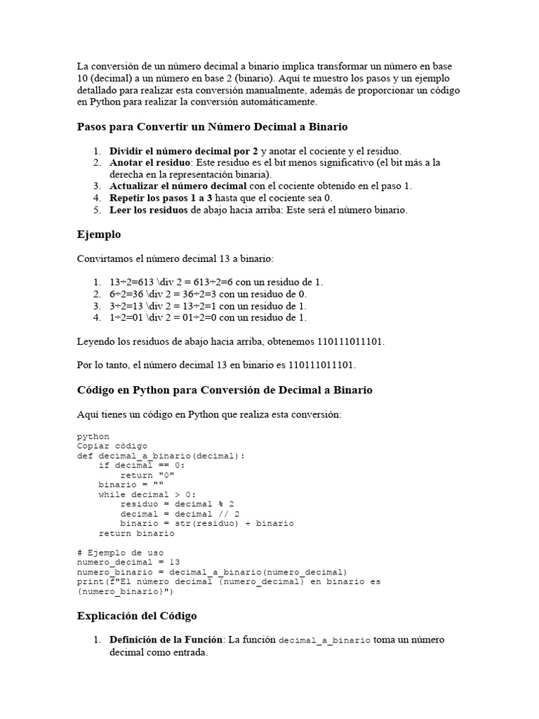 La Conversión de Un Número Decimal A Binario | PDF | Python (lenguaje de programación ...