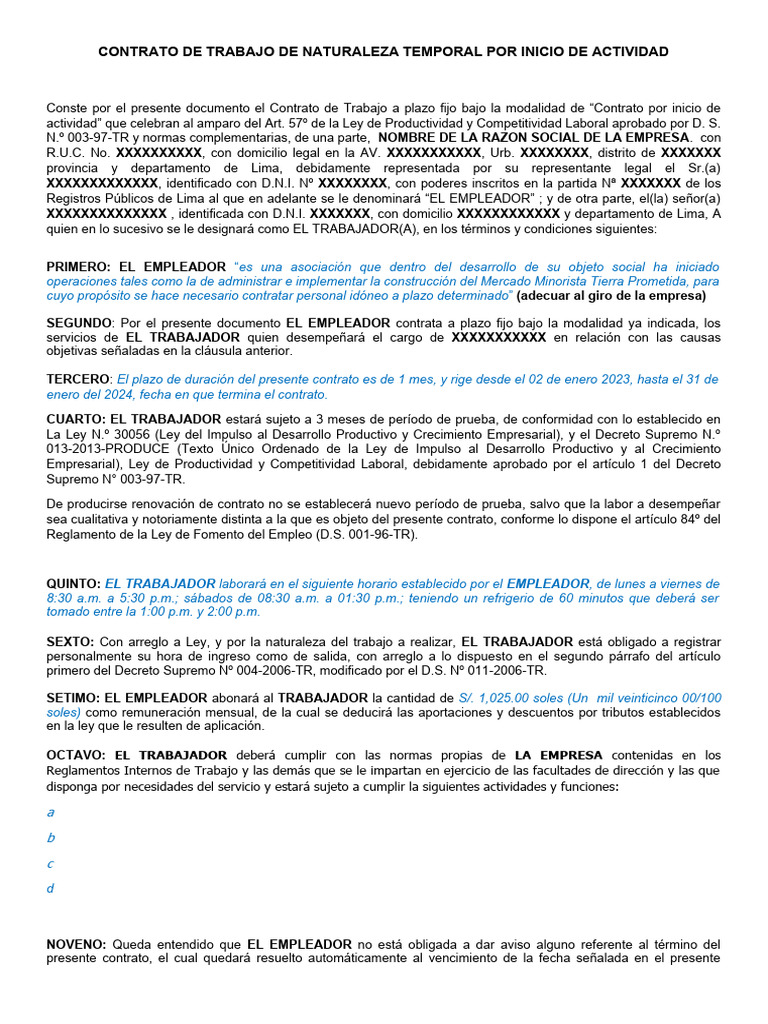 CONTRATO DE TRABAJO INICIO DE ACTIVIDADES 2024 MODIFICADO (2) | PDF | Derecho laboral ...