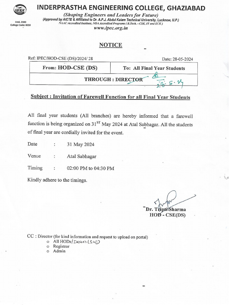 From HOD - CSE DS - Invitations of Farewll Function For All Final Year ...
