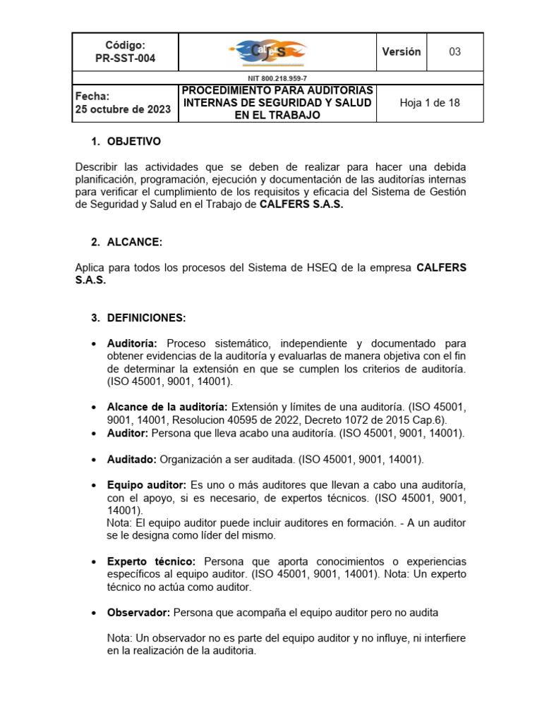 PR-SST-004 Procedimiento de Auditorias Internas | Descargar gratis PDF ... PR-SST-004 Procedimiento de Auditorias Internas | Descargar gratis PDF ...